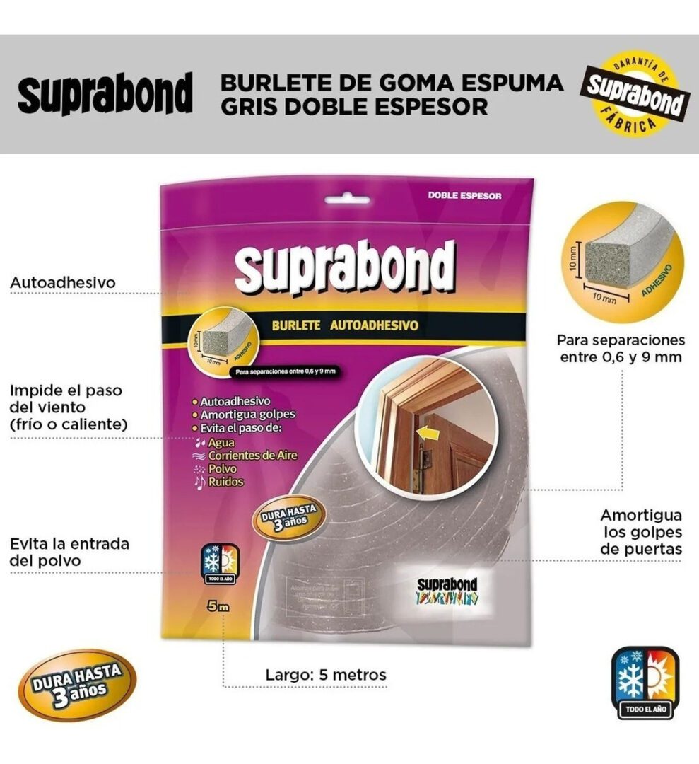 Burlete Puerta Ventana Suprabond Autoadhesivo Doble X 5mts - Abete